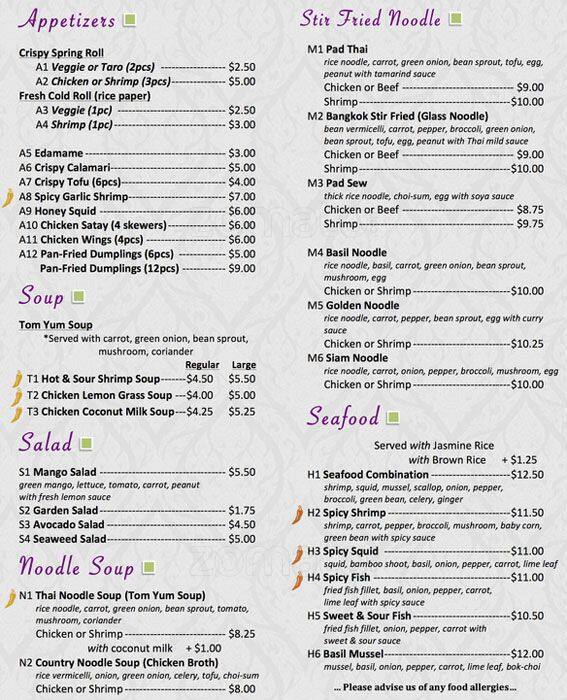 Menu at Evergreen Thai Restaurant, Toronto