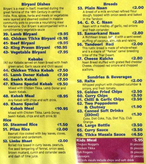 Menu at Khan's Balti House restaurant, Clondalkin