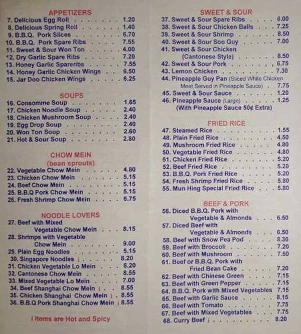 Menu at Mun Hing Restaurant, Grimsby