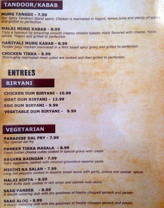 Menu at Paradise Biryani Pointe restaurant, Santa Clara