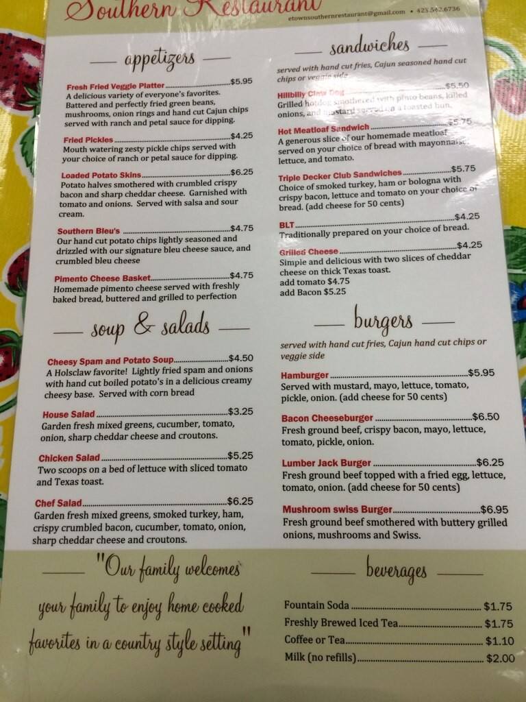Menu at The Southern Restaurant, Elizabethton, 408 E Elk Ave