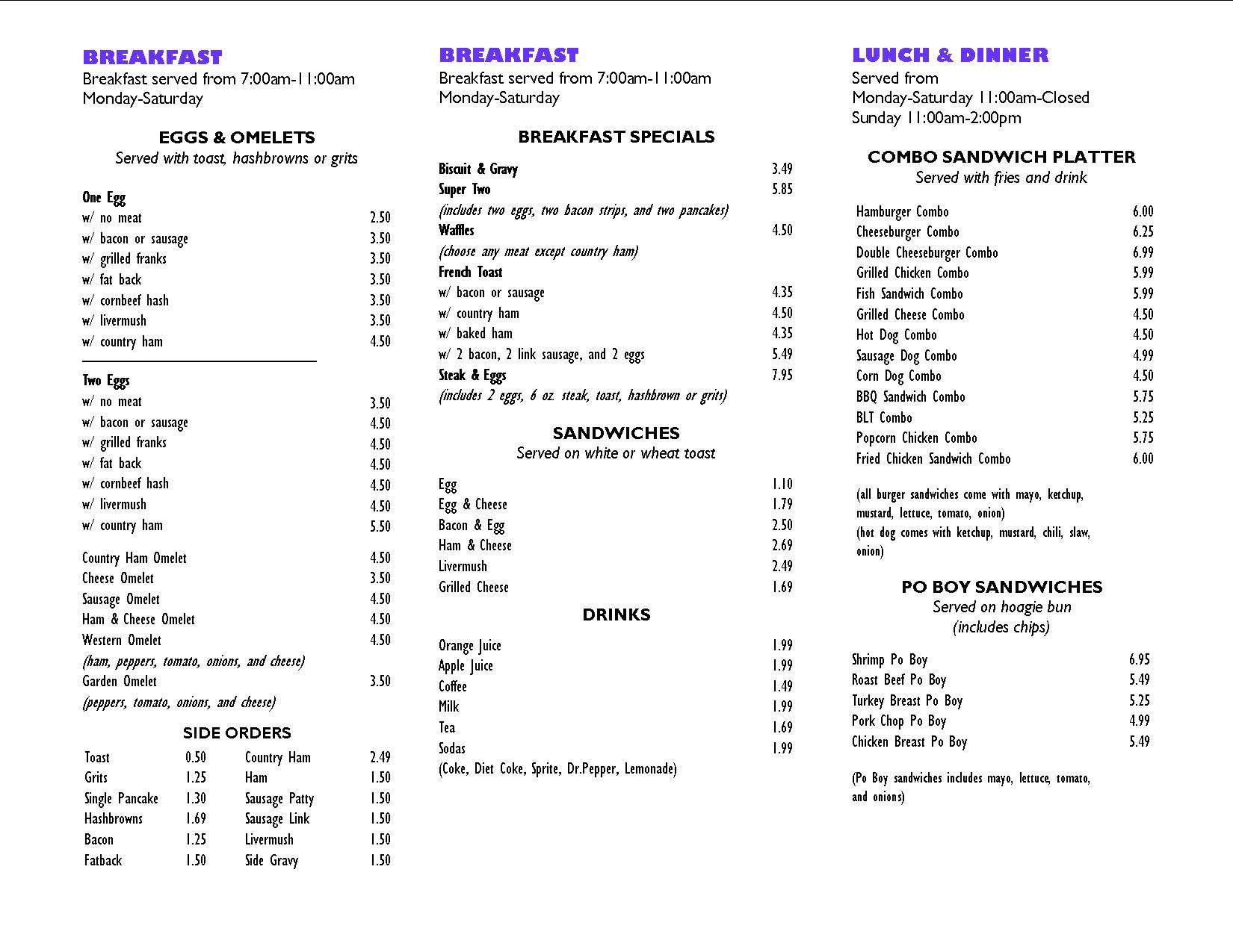 Menu at Susie's Restaurant, Rock Hill