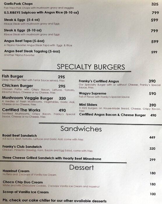 Menu at Franky's restaurant, Taguig