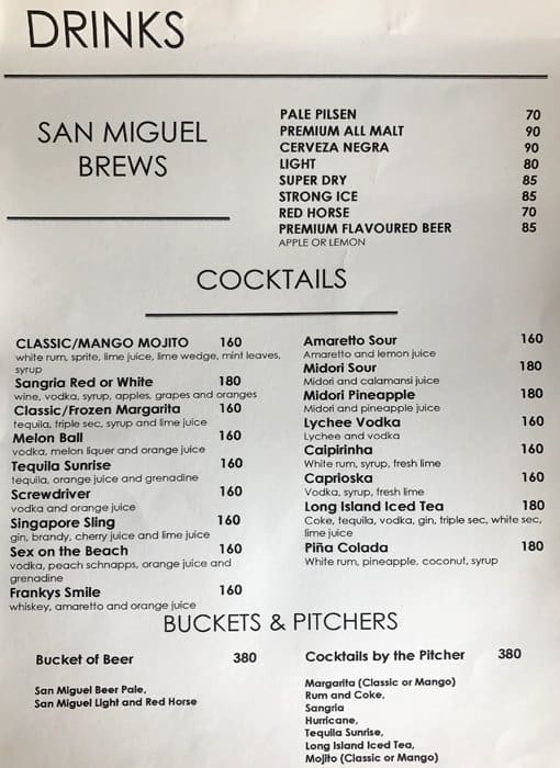 Menu at Franky's restaurant, Taguig