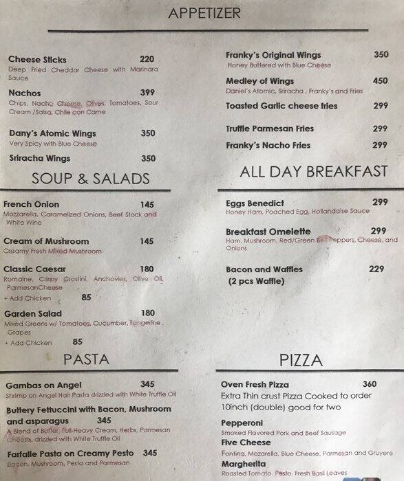 Menu at Franky's restaurant, Taguig