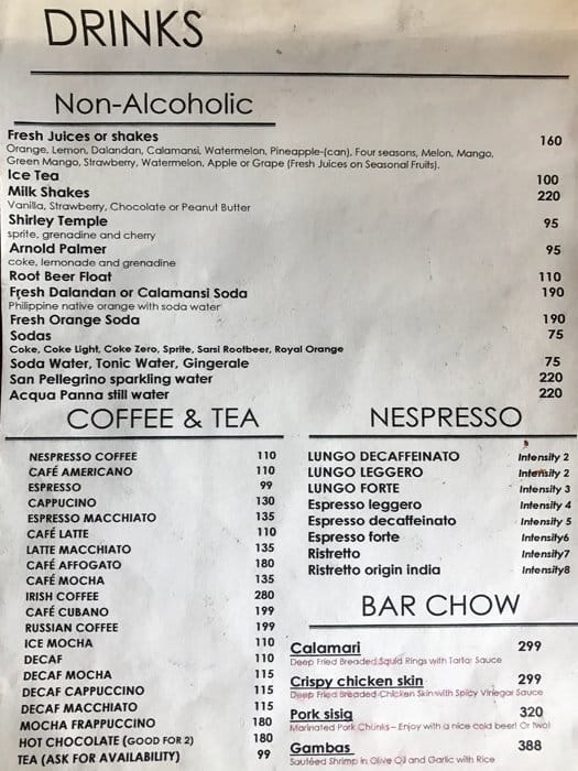 Menu at Franky's restaurant, Taguig