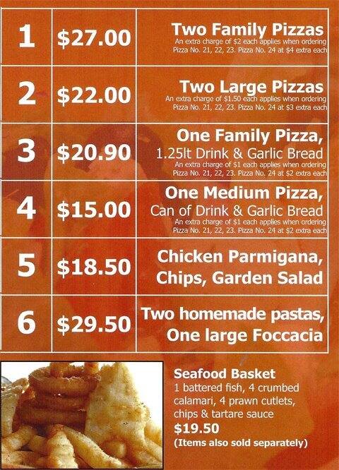 Menu at Lakeside Pizza restaurant, Reservoir, 29 Massey Ave