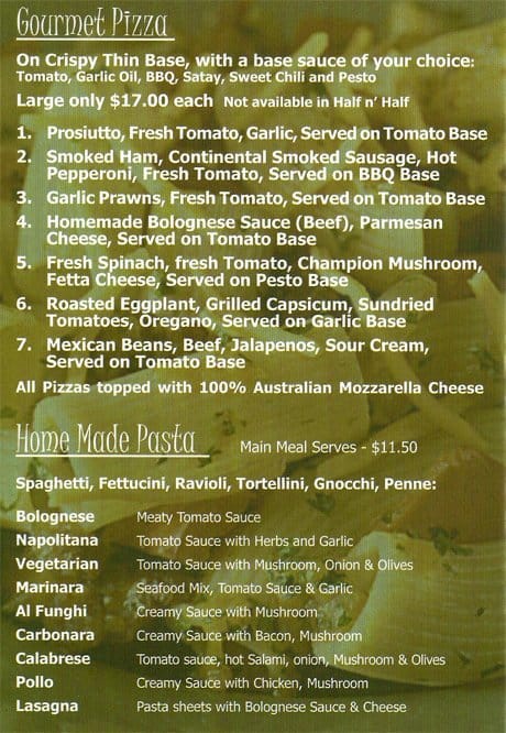 Menu at Lakeside Pizza restaurant, Reservoir, 29 Massey Ave