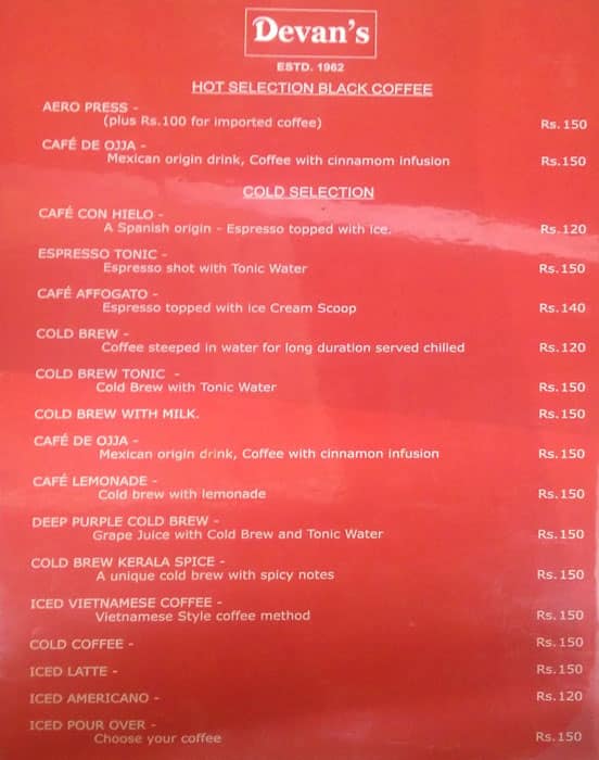 Menu of Devan's, Lodhi Colony, New Delhi