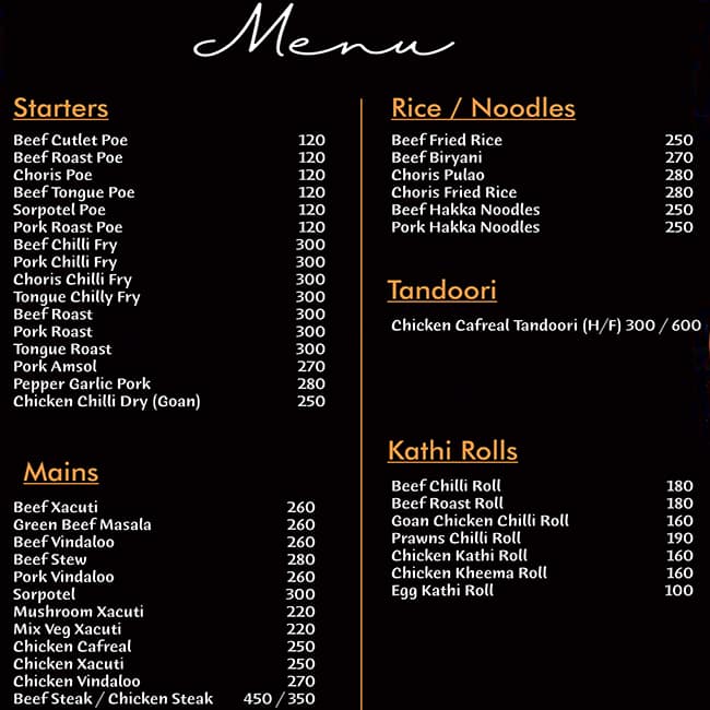 Menu at The Goan Delicacies Restobar, Reis Magos