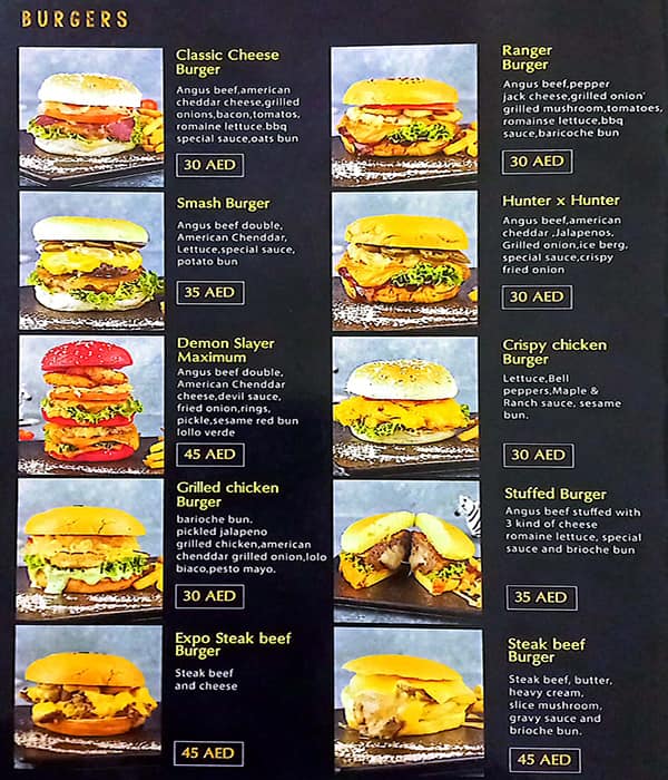 Menu at Zebra cafe, Dubai