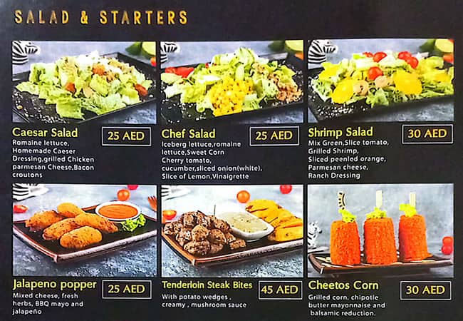 Menu at Zebra cafe, Dubai