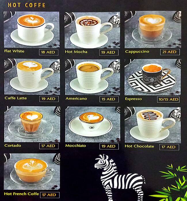 Menu at Zebra cafe, Dubai