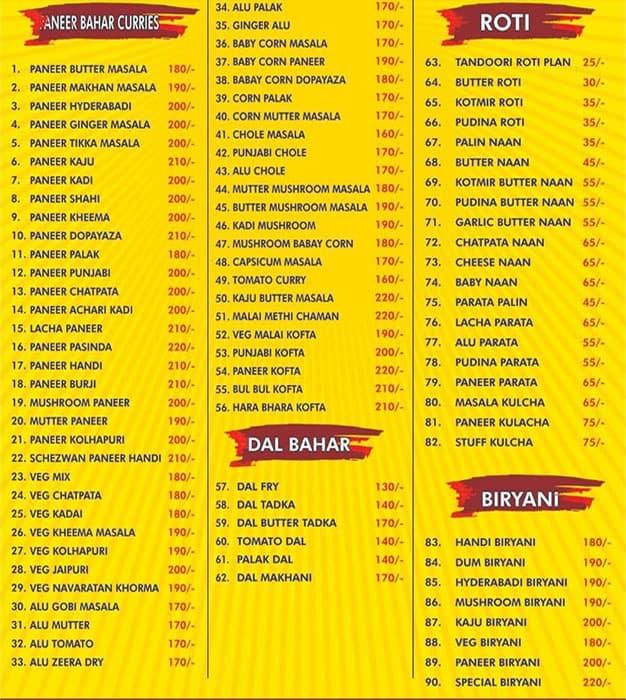 Menu of Sai Charan Dhaba 2, Attapur, Hyderabad