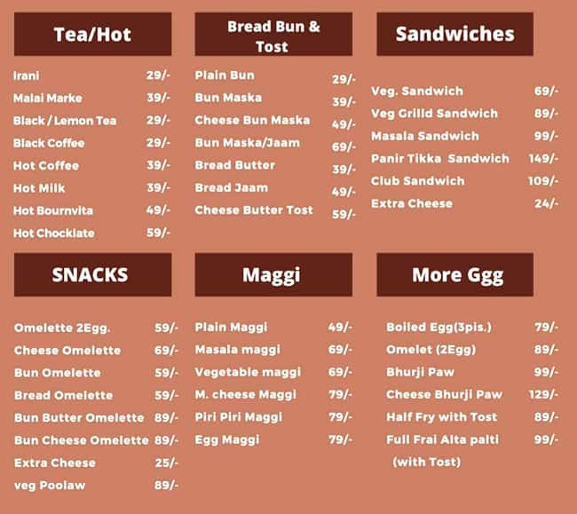 Menu of Our Irani Chai Cafe, Wagholi, Pune