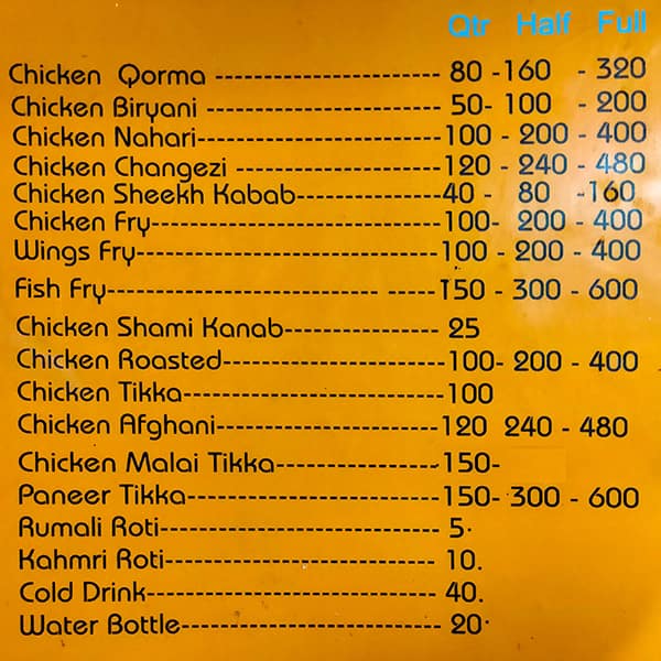 Menu of Mughal Darbar, Khan Market, New Delhi