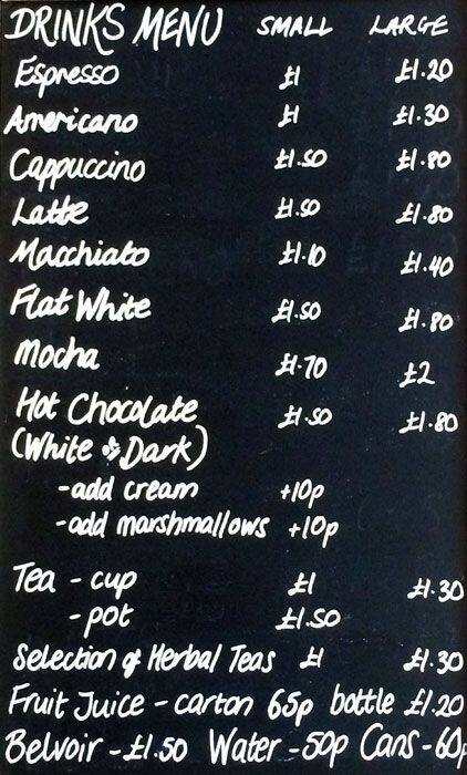 Menu at The Salvation Army (Stoke Newington) cafe, London