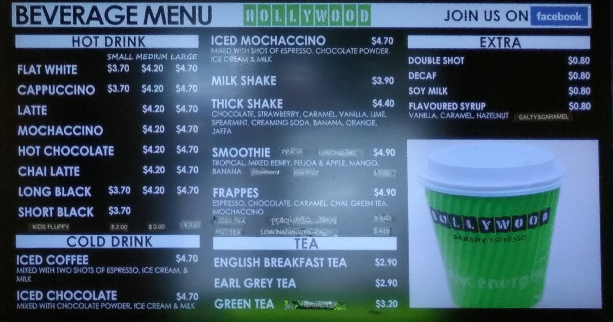 Menu at Hollywood Bakery and Espresso, Auckland, 15 Fernhill Dr