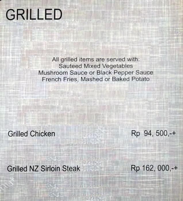 Menu at Marimba club, Hotel Sentral, South Jakarta