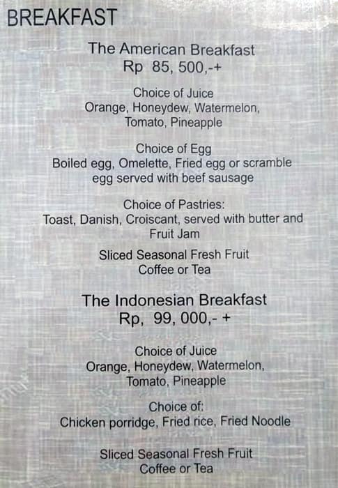 Menu at Marimba club, Hotel Sentral, South Jakarta