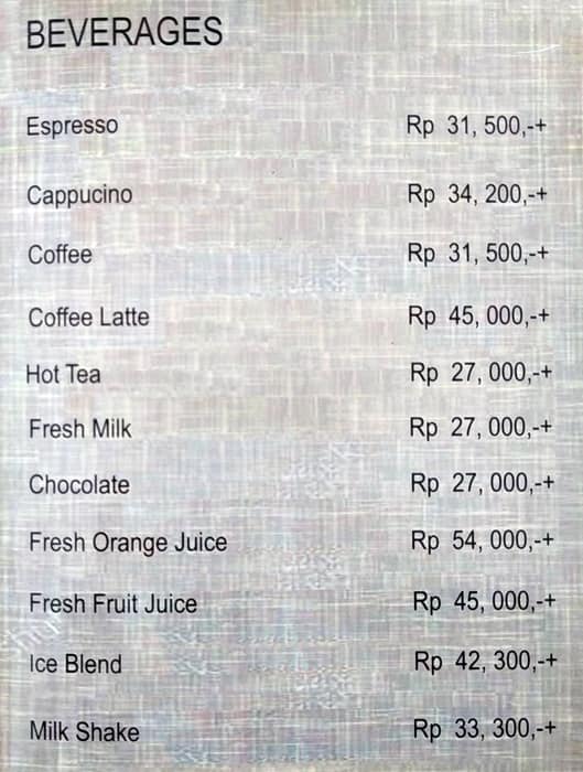 Menu at Marimba club, Hotel Sentral, South Jakarta