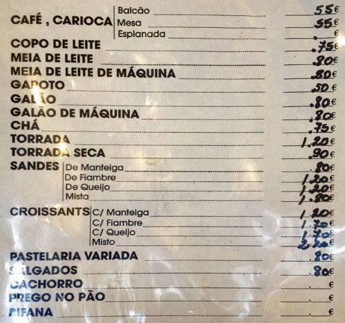 Menu at Café Da Catarina, Lisbon