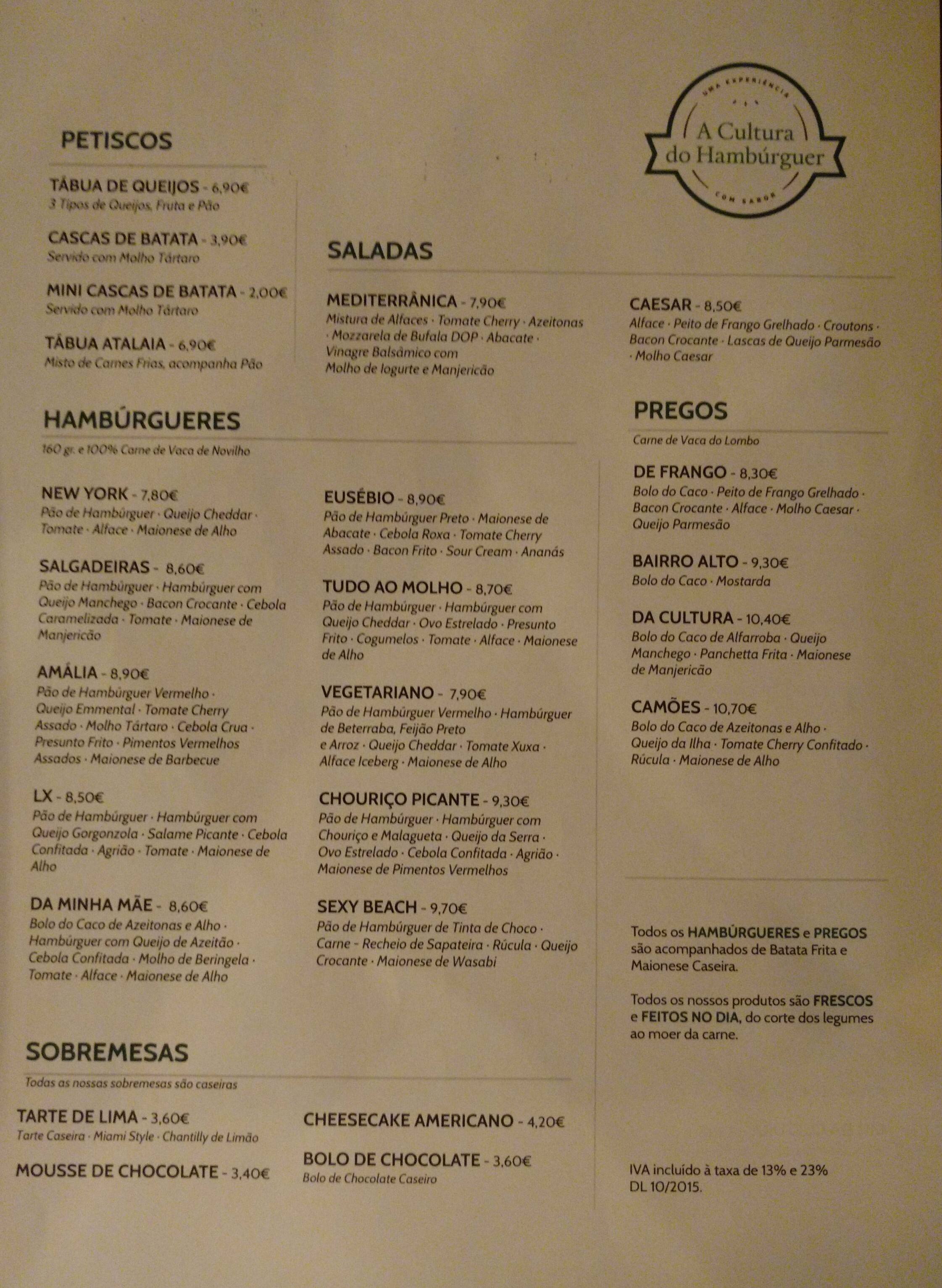 Menu em Cultura do Chá restaurante, Lisboa