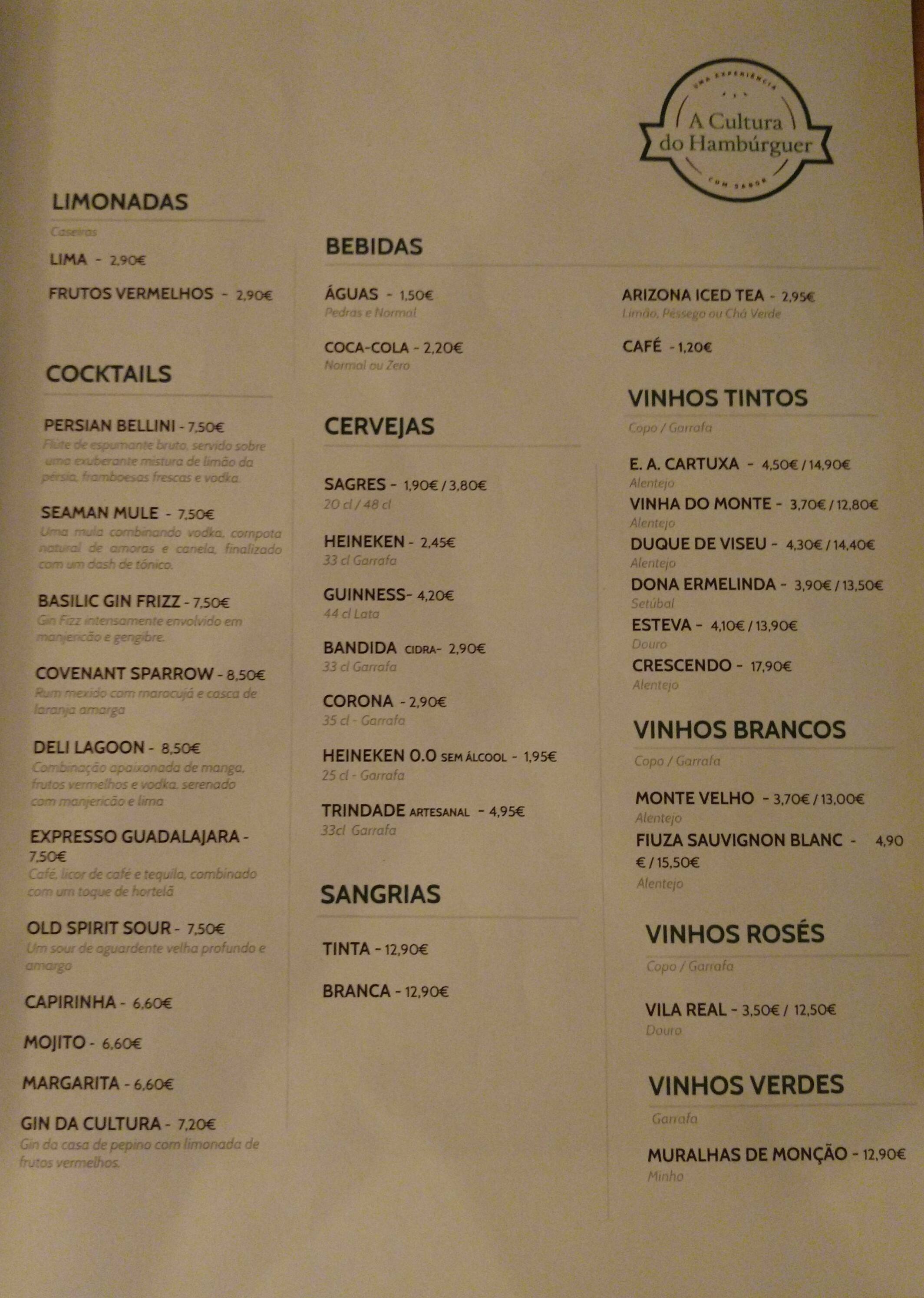 Menu em Cultura do Chá restaurante, Lisboa