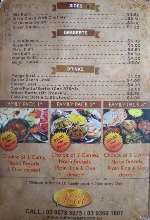 Menu at Royal Khalsa Bakery, Laverton