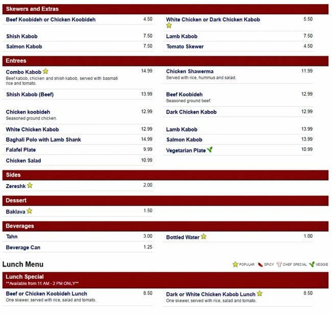 Menu at Famous Shish Kabob restaurant, Pasadena