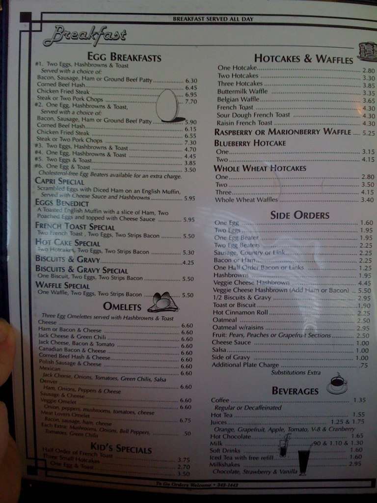 Menu at Capri restaurant, Boise