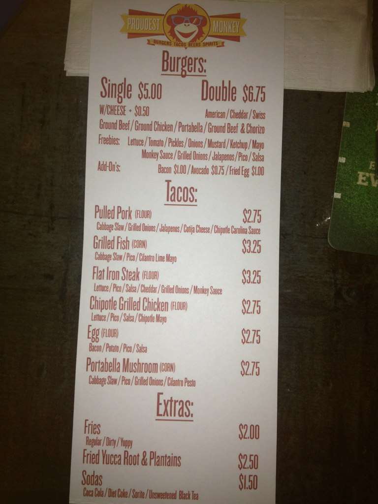 Menu at Proudest Monkey pub & bar, Bryan