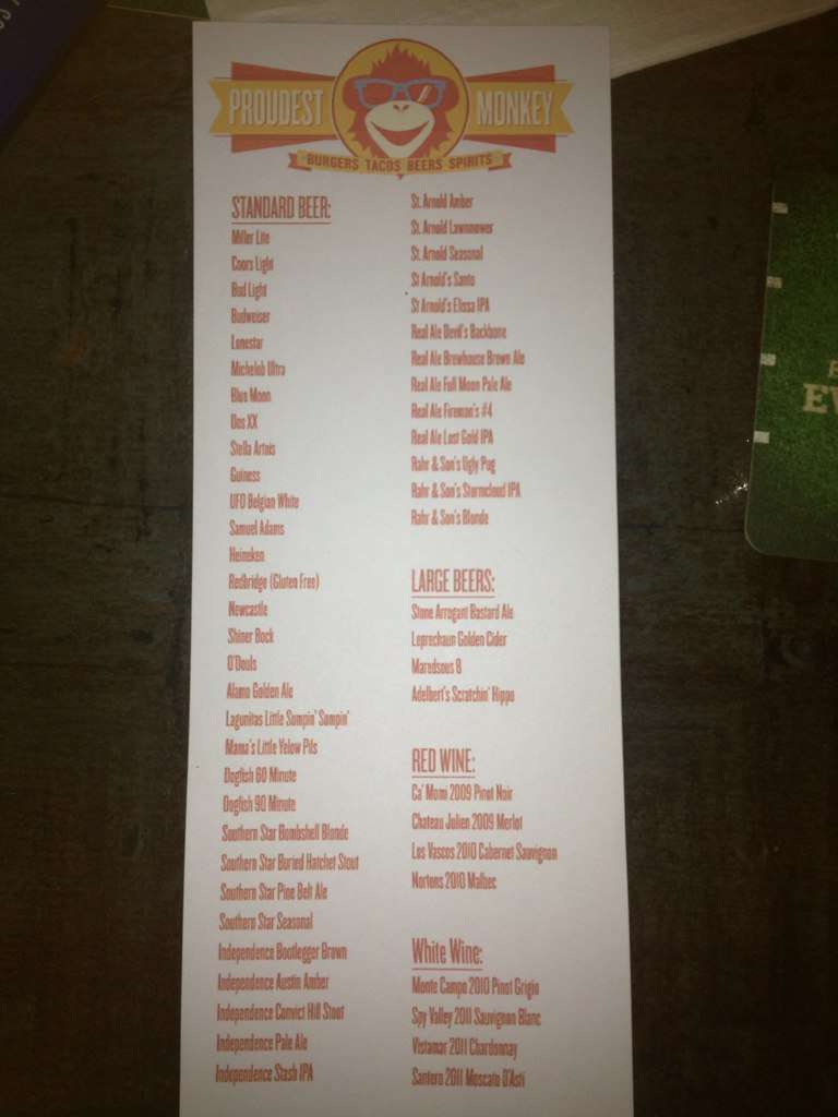 Menu at Proudest Monkey pub & bar, Bryan