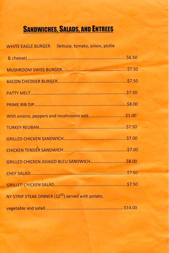 Carta del restaurante White Eagle Lounge, Bunnell, US-1