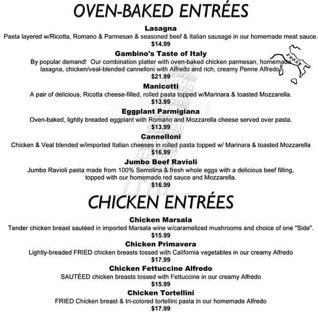 Menu at Gambino's steakhouse, Fairhope