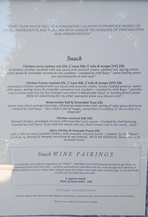Menu at Twist restaurant, Ubud