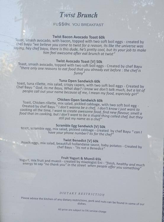 Menu at Twist restaurant, Ubud