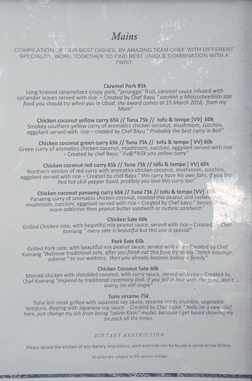 Menu at Twist restaurant, Ubud