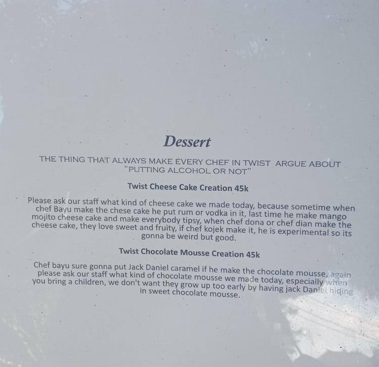 Menu at Twist restaurant, Ubud