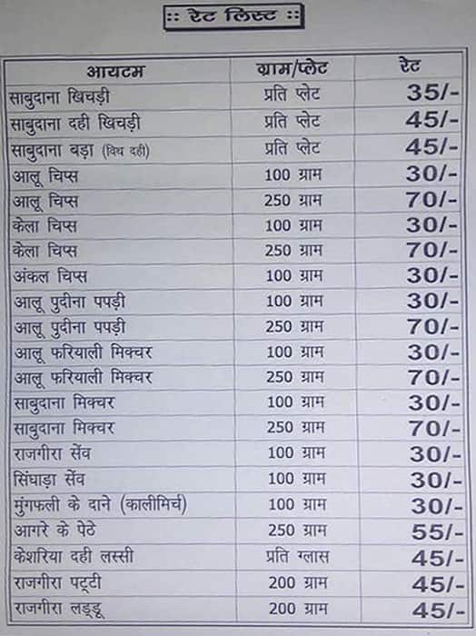 Menu of Shri Mahalaxmi Fariyali Centre, Kothari Market, Indore