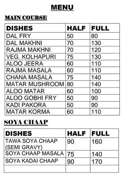 Menu of Sai Angeethi, Defence Colony, New Delhi