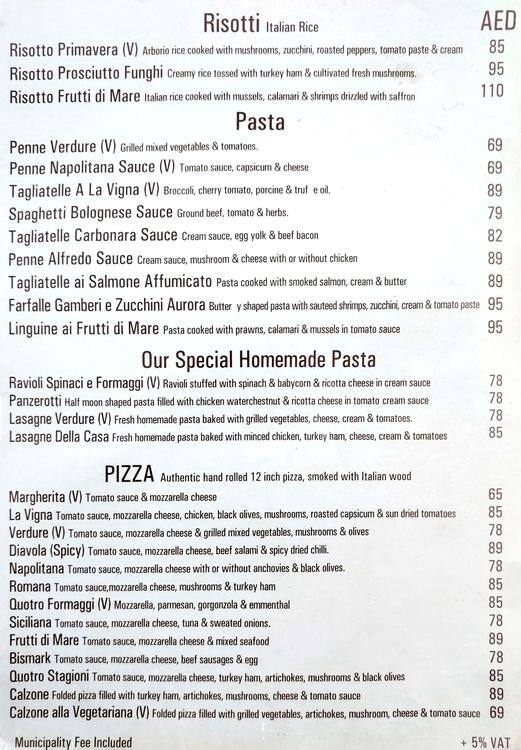 Menu of La Vigna, Al Garhoud, Dubai