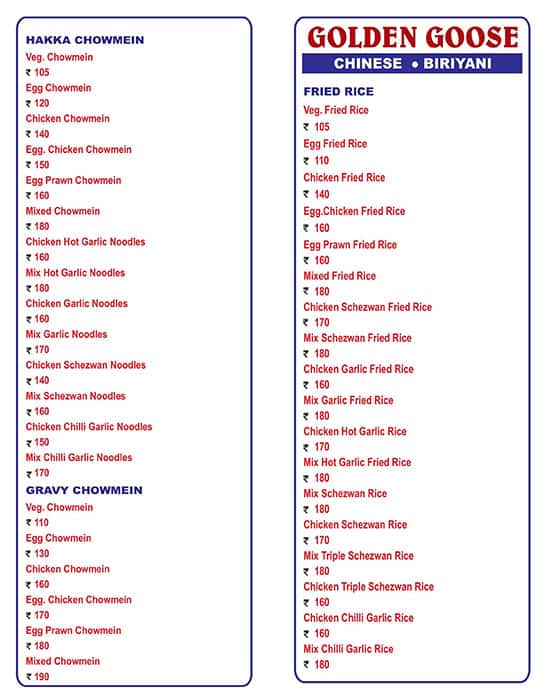 Menu of Golden Goose, Kalighat, Kolkata