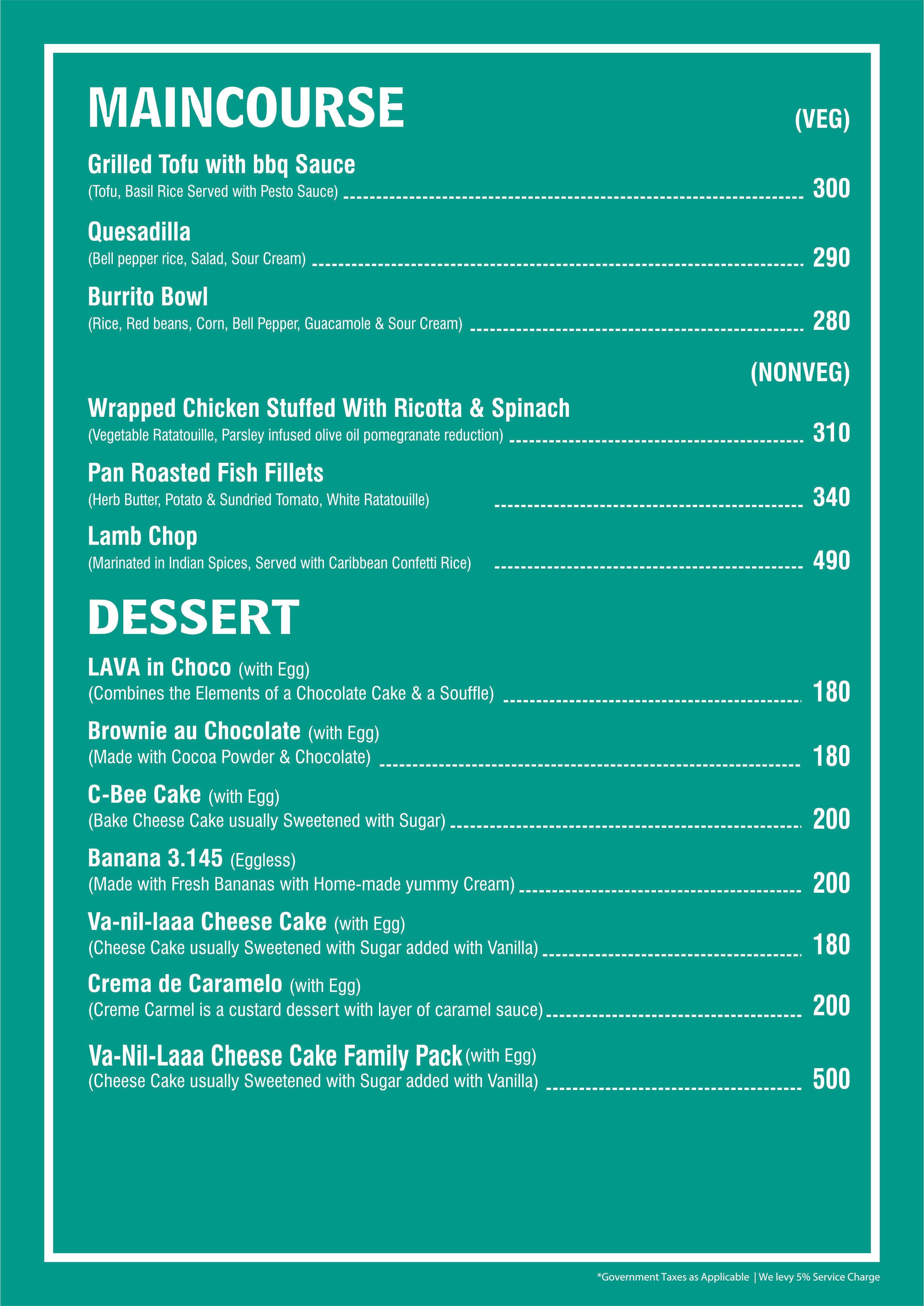 Menu at Le Terrace Cafe Mysore, Mysuru
