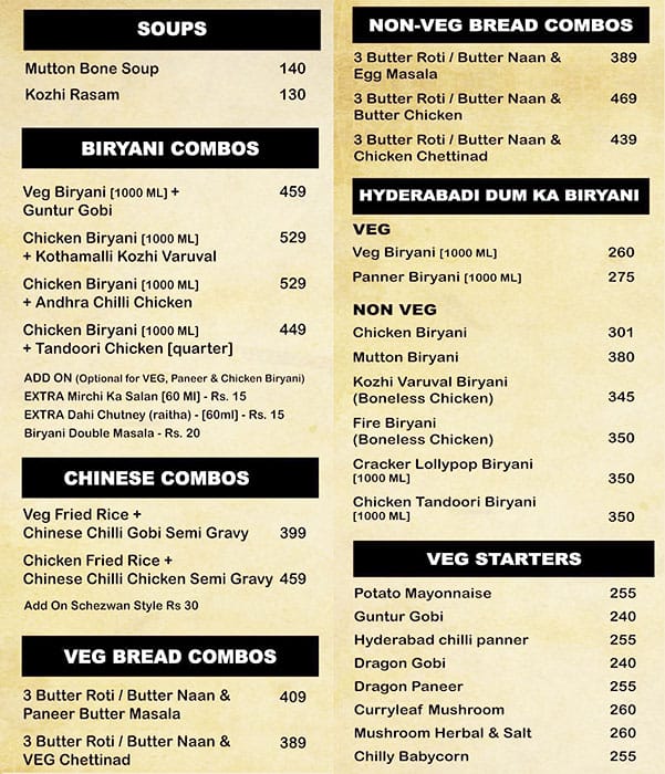 Menu of The Old Mirchi Biryani, Velachery, Chennai