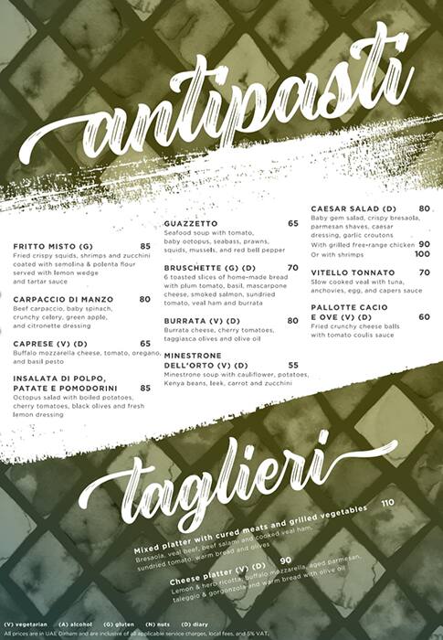Menu of Filini, Yas Island, Abu Dhabi