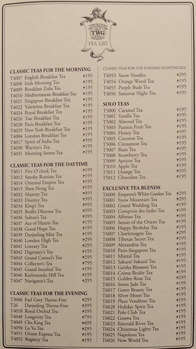 Menu at TWG Tea at Central Square cafe, Taguig, 2nd Floor