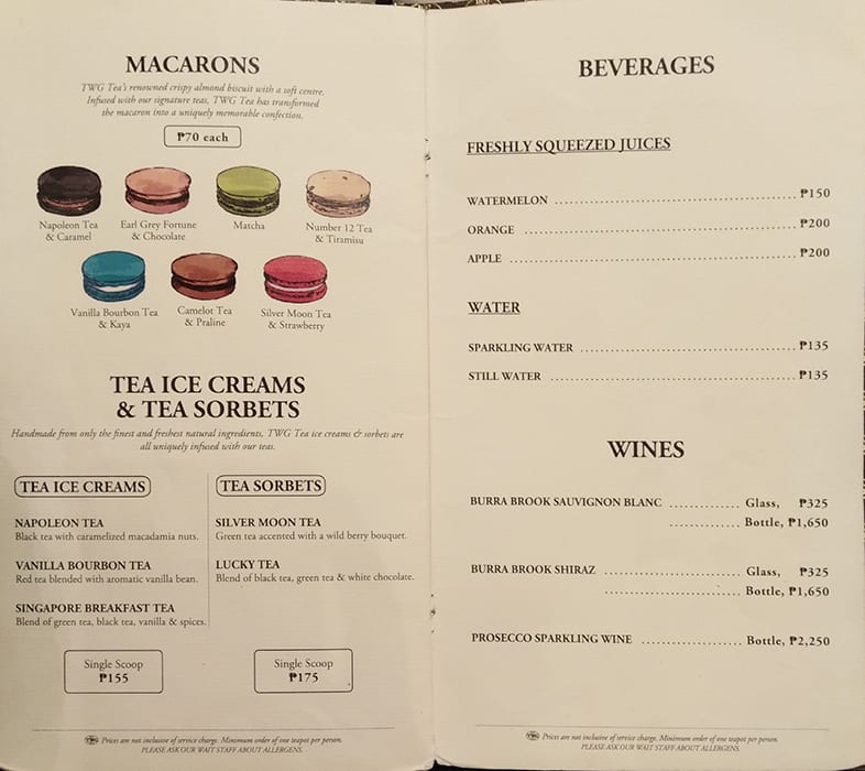 Menu at TWG Tea at Central Square cafe, Taguig, 2nd Floor