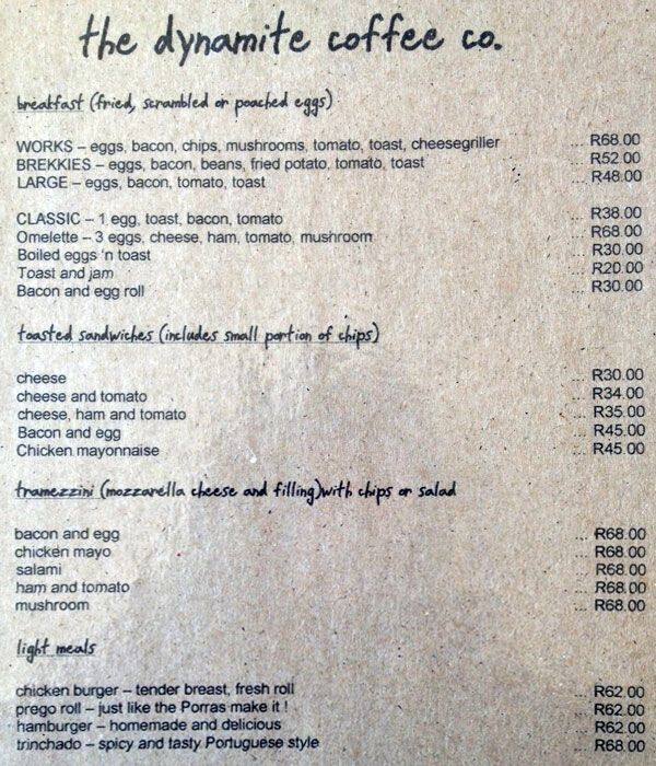 Menu at The Dynamite coffee co. restaurant, Johannesburg