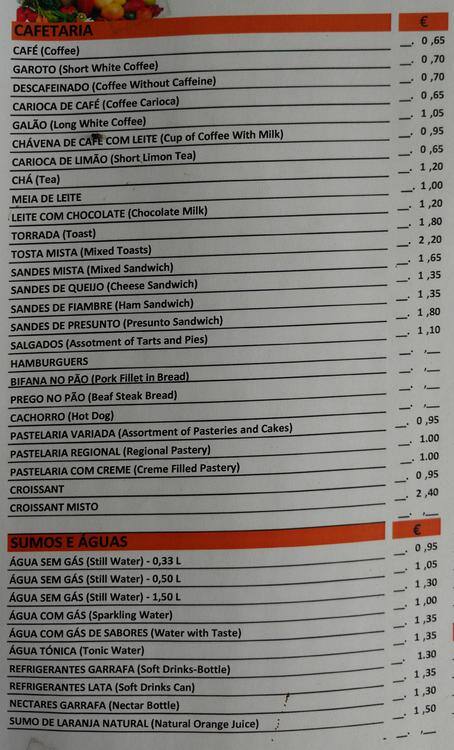 Menu at Beira Tejo restaurant, Lisbon, Rua de São Bento